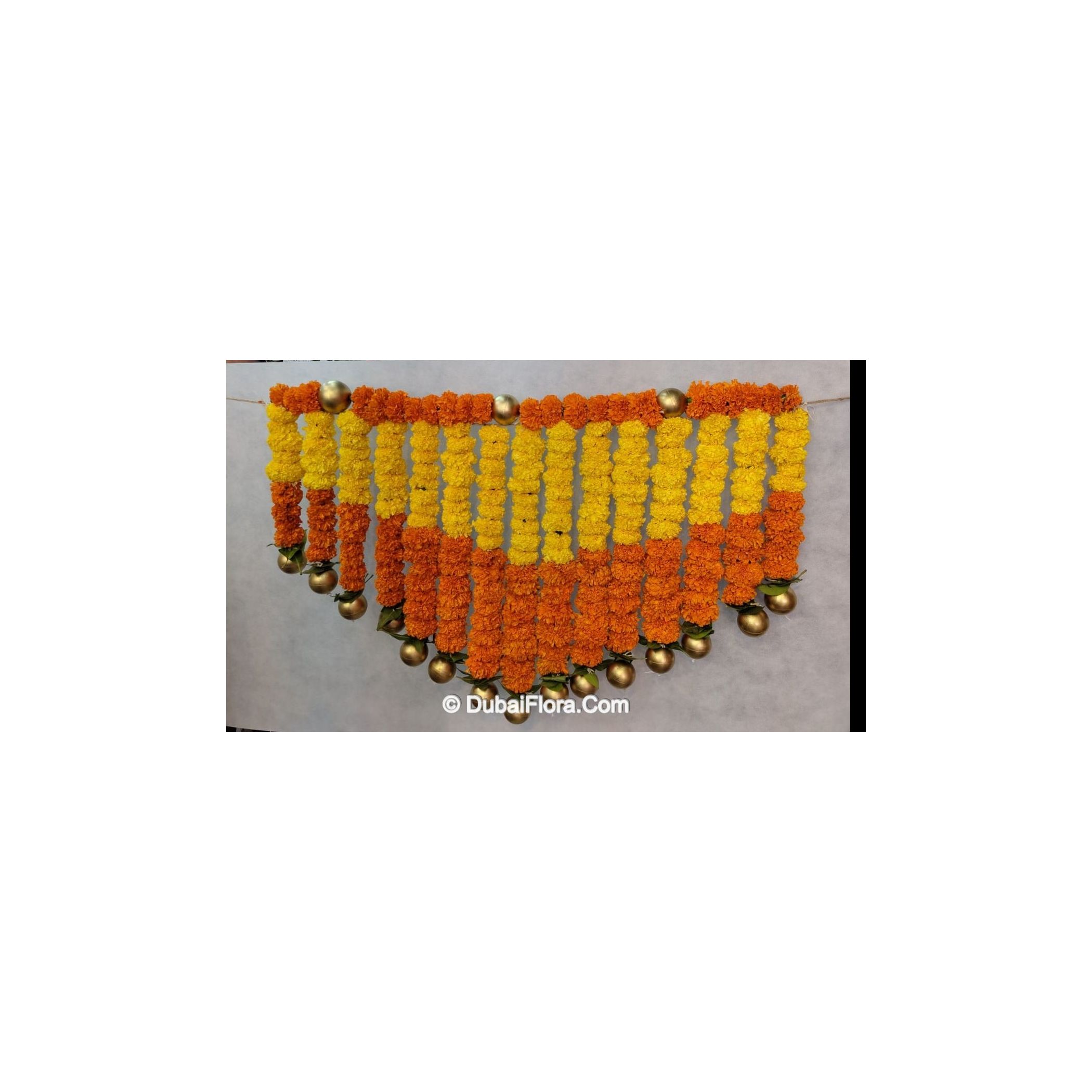 Flower Toran of Fresh Marigold Yellow Orange V Shape with Golden...